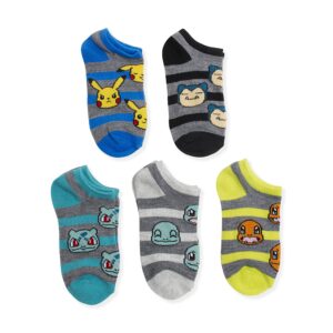 Pokemon Boys 5 Pack No Show Casual Sock, Assorted Grey Stripe, 9-11 US