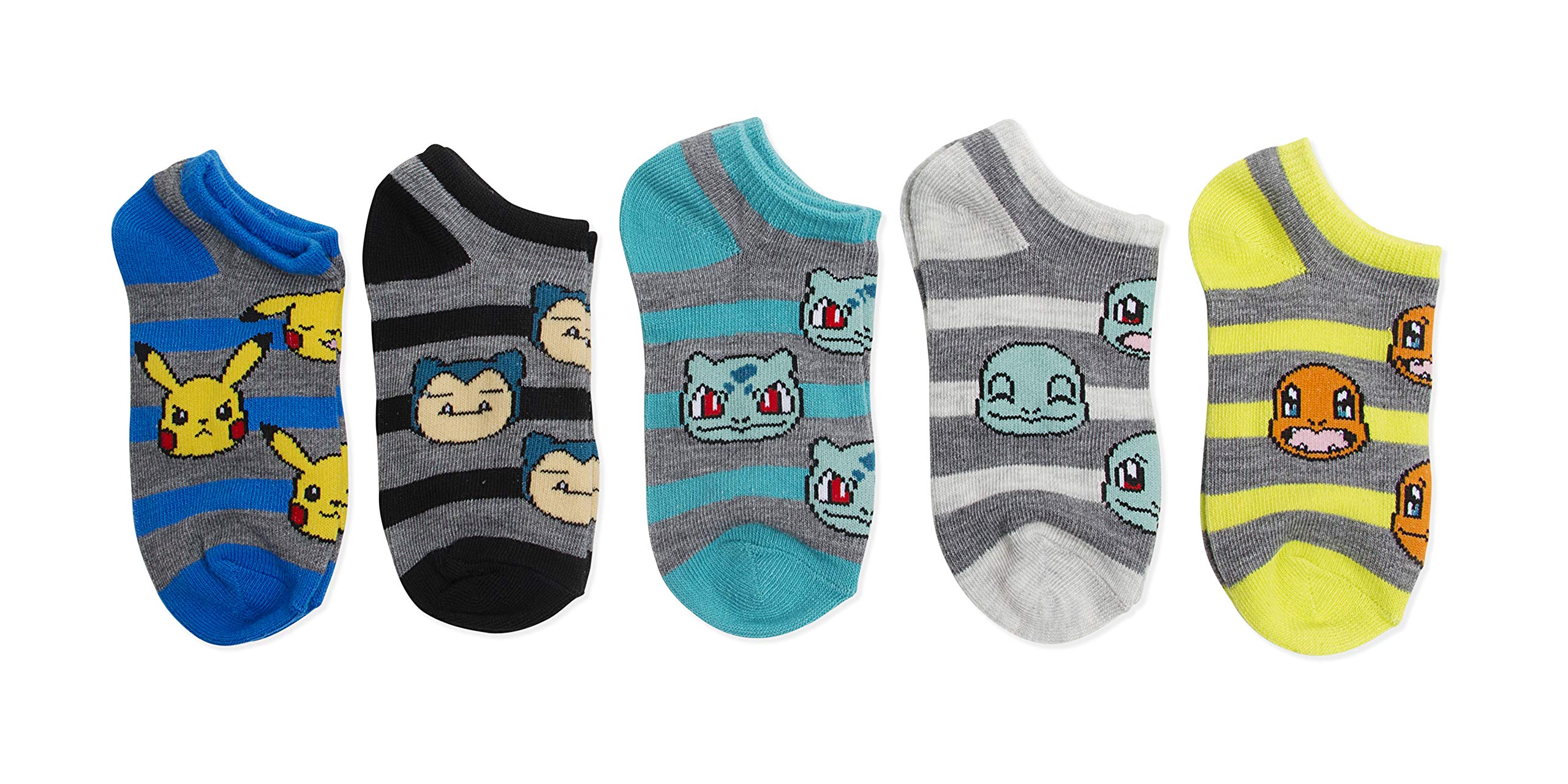 Pokemon Boys 5 Pack No Show Casual Sock, Assorted Grey Stripe, 9-11 US