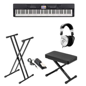 casio privia px-360 digital piano with 5.3in color touchscreen display, 128 polyphony, 550 built-in tones - bundle with on-stage kpk6520 keyboard stand/bench pack, behringer hps3000 headphones, cloth