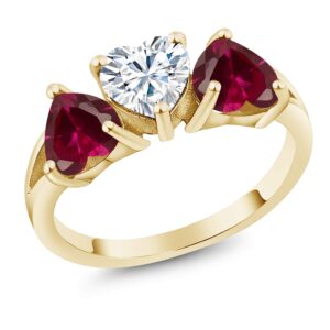 gem stone king 18k yellow gold plated silver 3-stone ring near colorless heart shape 2.72cttw moissanite and created ruby (size 7)