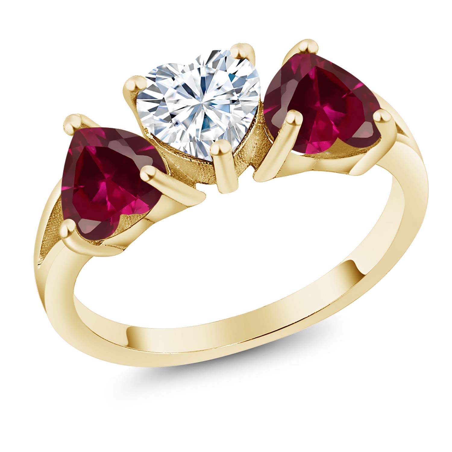 Gem Stone King 18K Yellow Gold Plated Silver 3-Stone Ring Near Colorless Heart Shape 2.72cttw Moissanite and Created Ruby (Size 7)