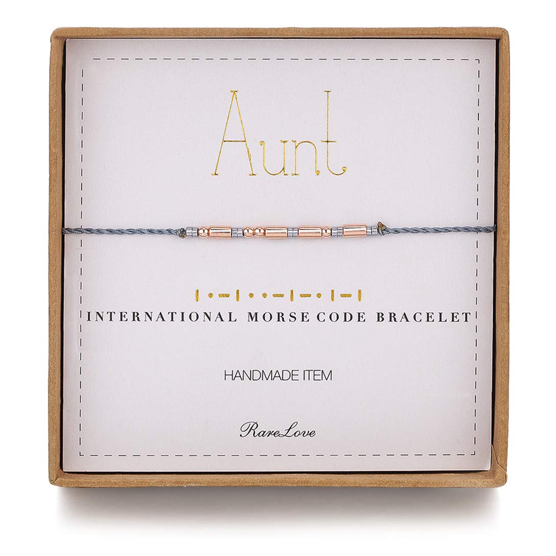 RareLove Aunt Morse Code Bracelets Best Aunt Christmas Gift Women Rose Golden Beads Grey String Bracelet