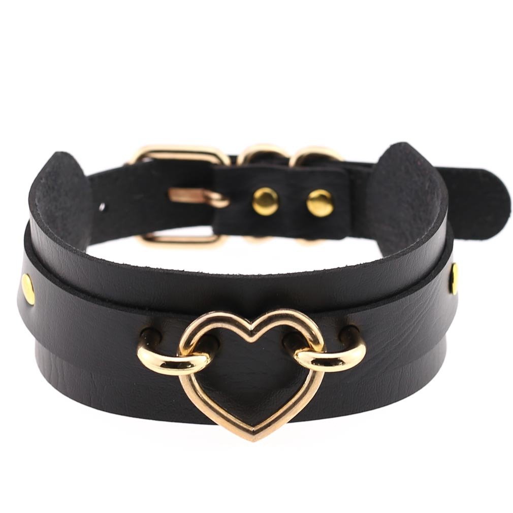 Leather Choker Collar Punk Gothic Choker Necklace For Men Women Girls (Gold Heart)