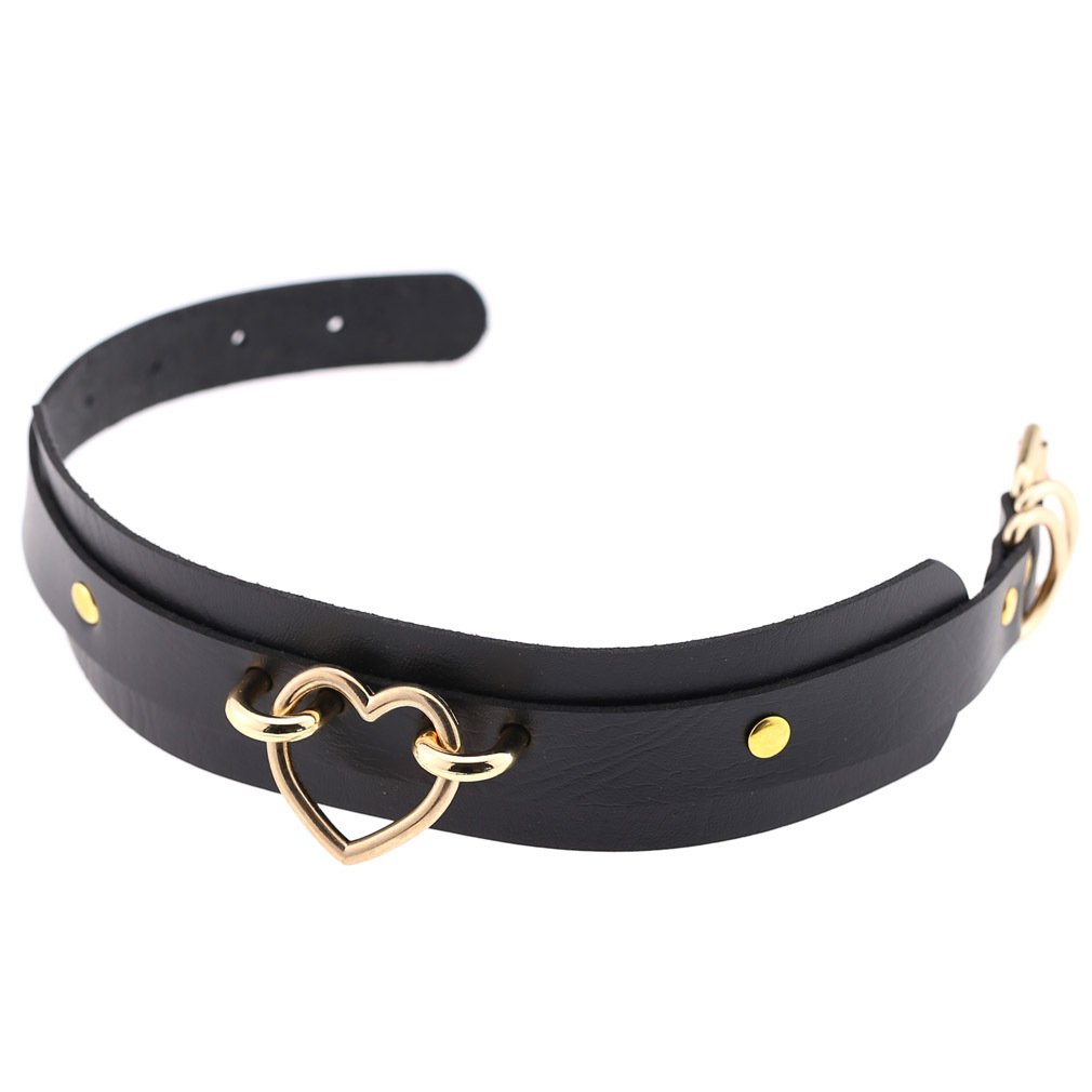 Leather Choker Collar Punk Gothic Choker Necklace For Men Women Girls (Gold Heart)