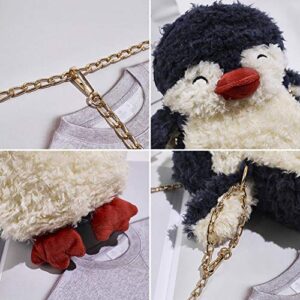 QZUnique Plush Penguin Purse for Women Fluffy Toy Novelty Animal Handbag Faux Fur Kawaii Crossbody Shoulder Bag Chain Wallet Gift for Girls