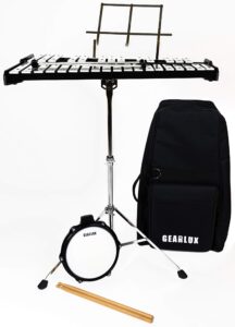 gearlux 32-note glockenspiel bell kit with 8" practice pad, stand, music rest, mallets, drum sticks, and gig bag