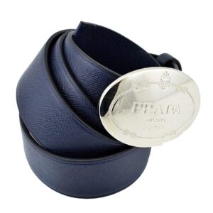 prada navy blue saffiano leather belt brushed silver buckle 105/42 2cm046