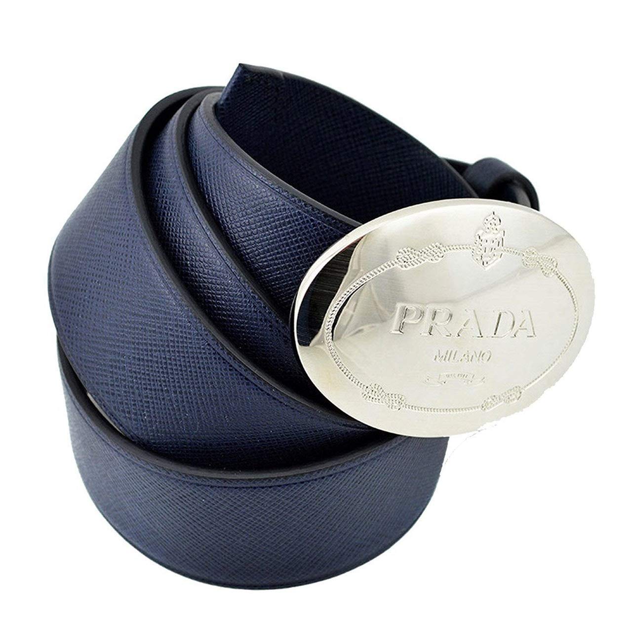 Prada Navy Blue Saffiano Leather Belt Brushed Silver Buckle 105/42 2CM046