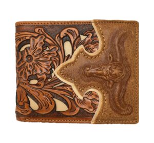 texas west western mens leather longhorn floral tooled laser cut lone star short wallet (brown/beige)