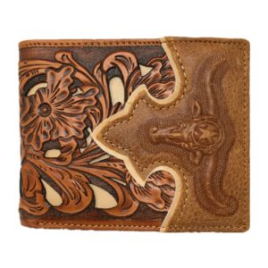 Texas West Western Mens Leather Longhorn Floral Tooled Laser Cut Lone Star Short Wallet (Brown/Beige)