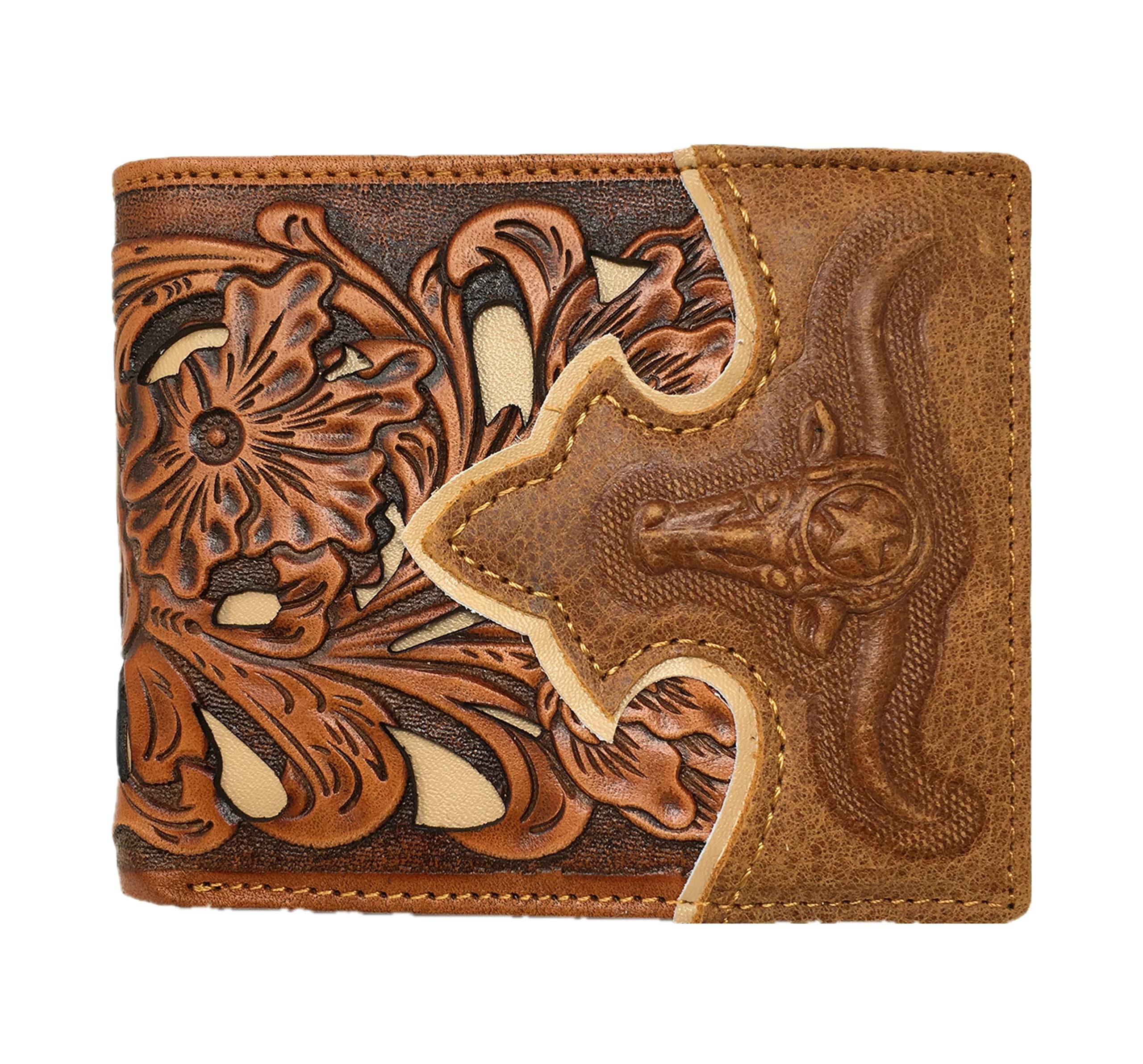 Texas West Western Mens Leather Longhorn Floral Tooled Laser Cut Lone Star Short Wallet (Brown/Beige)