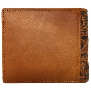 Texas West Western Mens Leather Longhorn Floral Tooled Laser Cut Lone Star Short Wallet (Brown/Beige)