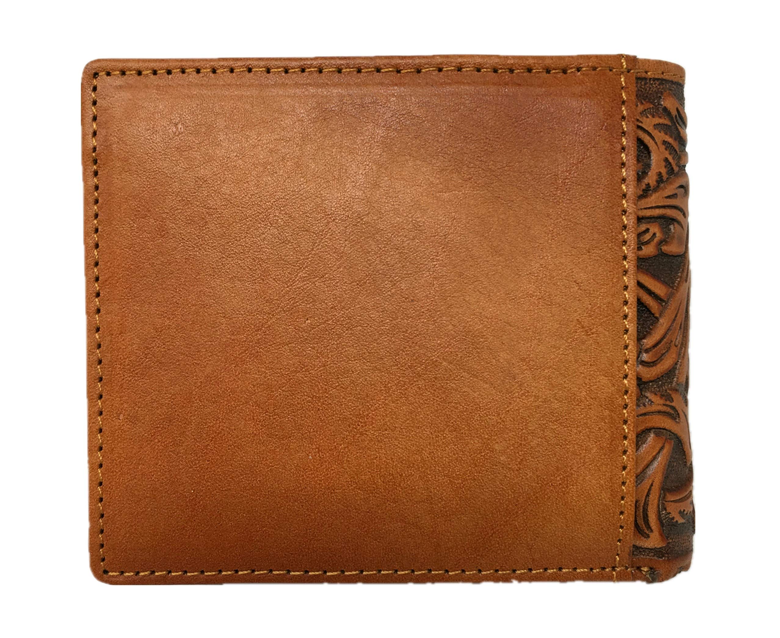 Texas West Western Mens Leather Longhorn Floral Tooled Laser Cut Lone Star Short Wallet (Brown/Beige)