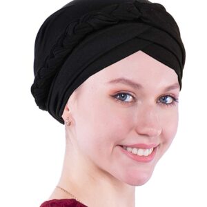 Awlsyj Chemo Cancer Head Hat Cap Ethnic Bohemia Pre-Tied Twisted Braid Hair Cover Wrap Turban Headwear (A Black)