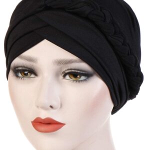 Awlsyj Chemo Cancer Head Hat Cap Ethnic Bohemia Pre-Tied Twisted Braid Hair Cover Wrap Turban Headwear (A Black)