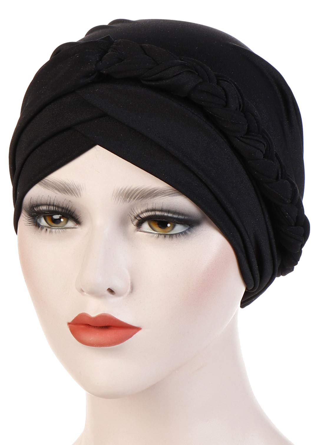 Awlsyj Chemo Cancer Head Hat Cap Ethnic Bohemia Pre-Tied Twisted Braid Hair Cover Wrap Turban Headwear (A Black)