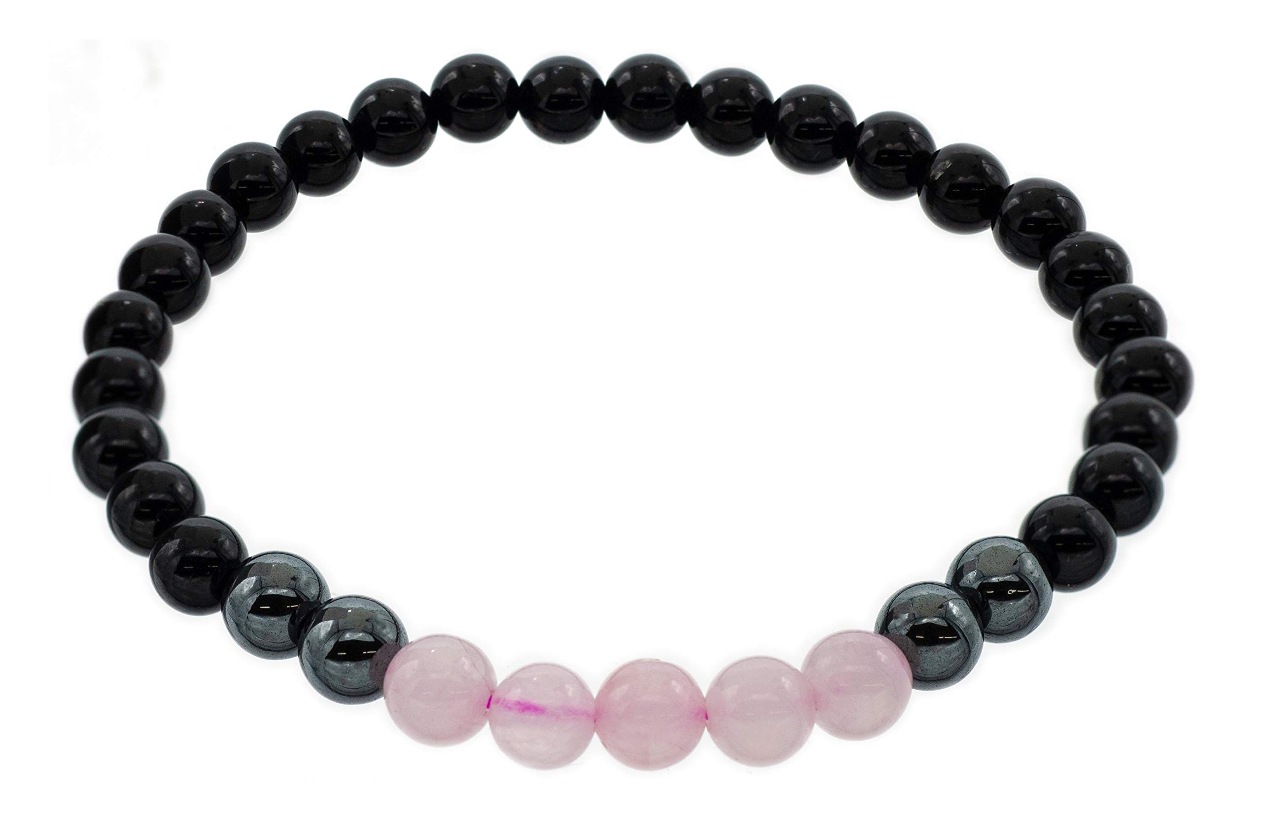 LTC Designs 6mm Black Tourmaline and Rose Quartz Metaphysical Healing Yoga Stretch Bracelet of Protection, Love and Stress Relief, 7.5" for Men,and Women