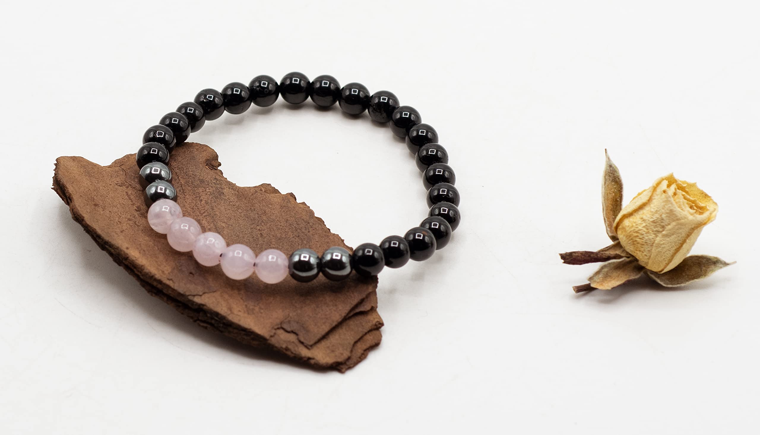 LTC Designs 6mm Black Tourmaline and Rose Quartz Metaphysical Healing Yoga Stretch Bracelet of Protection, Love and Stress Relief, 7.5" for Men,and Women