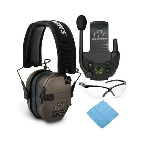 Walker's Razor Slim Electronic Shooting Muff (Flat Dark Earth) Bundle with Walkie Talkie, Shooting Glasses, and Cleaning Cloth (4 Items)