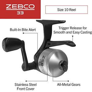 Zebco 33 Micro Trigger Spincast Fishing Reel, Size 10 Reel, Changeable Right- or Left-Hand Retrieve, Built-in Bite Alert, All-Metal Gears, Pre-Spooled with 4-Pound Zebco Cajun Line, Silver/Black