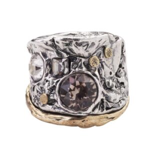 waxing poetic melange convergence band sterling silver, brass and swarovski crystals statement ring