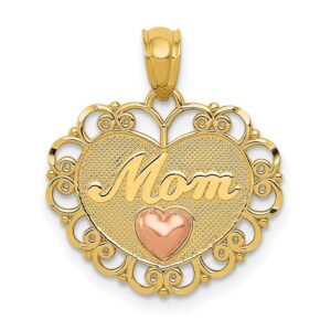 14k two-tone mom word small rose gold heart on large yellow gold filigree border heart pendant 20 mm x 17 mm