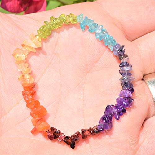 Zenergy Gems Selenite Charged Natural Gemstone Combo Crystal Bracelets + Baby Selenite Pocket Puffy Heart Charger Included (7 Chakra Chip Bracelet - 1 pack)