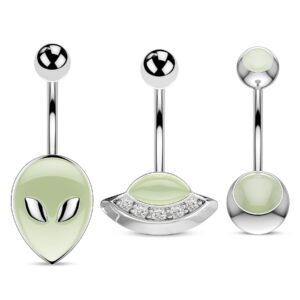 cocharm 3pcs halloween alien belly button rings glow in the dark 14g ufo belly navel piercing jewelry