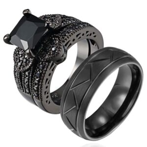 loversring two rings his and hers couple ring bridal set his hers 3pc women black gold plated black cz man stainless steel wedding ring band set