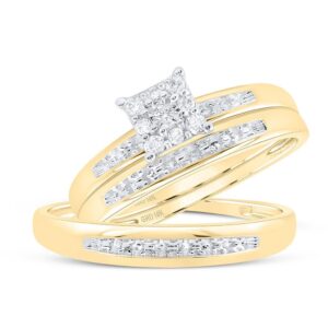 jewels by lux 10k yellow gold 1/10ctw diamond fashion his and hers engagement wedding bridal band and ring trio set size 9 womens and size 13 mens