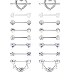 FINREZIO 8 Pairs 14G Nipple Rings 316L Surgical Steel Heart CZ Tongue Barbell Body Piercing Shield Ring Set 5/8 Inches(Silver tone)