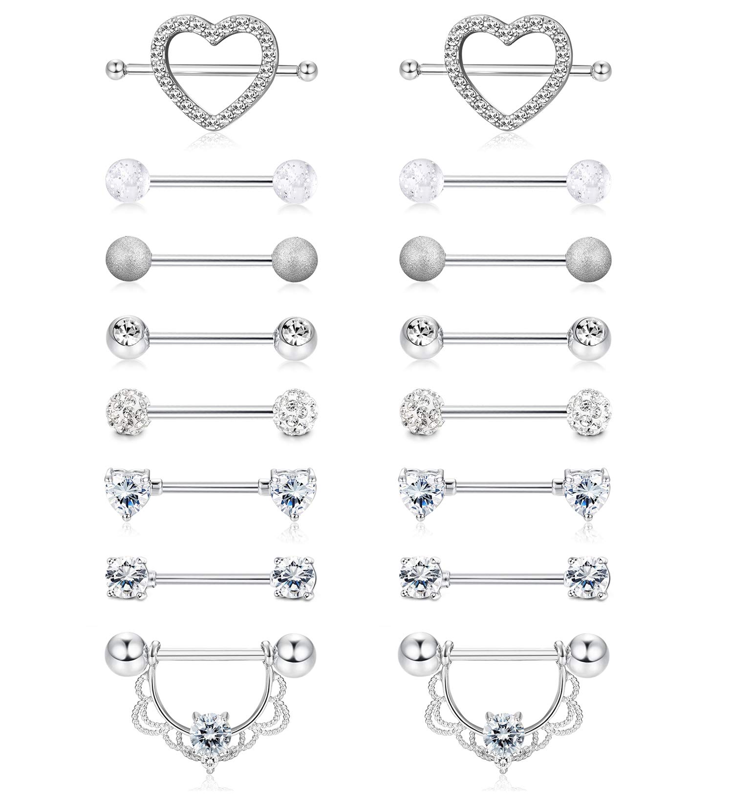 FINREZIO 8 Pairs 14G Nipple Rings 316L Surgical Steel Heart CZ Tongue Barbell Body Piercing Shield Ring Set 5/8 Inches(Silver tone)