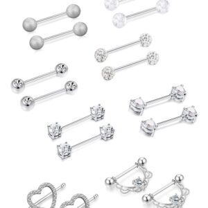 FINREZIO 8 Pairs 14G Nipple Rings 316L Surgical Steel Heart CZ Tongue Barbell Body Piercing Shield Ring Set 5/8 Inches(Silver tone)