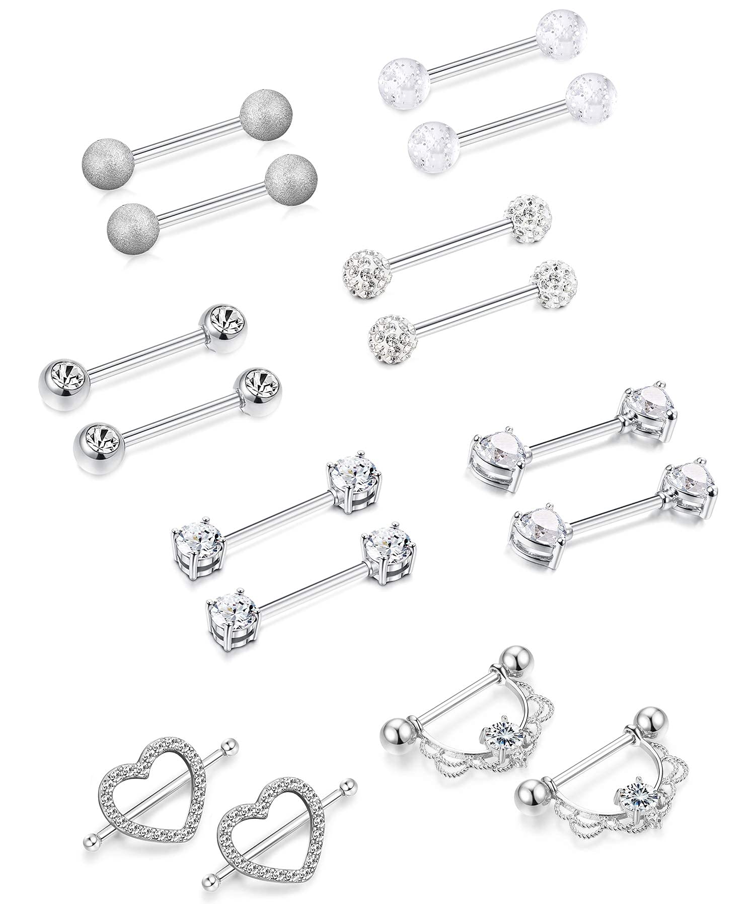 FINREZIO 8 Pairs 14G Nipple Rings 316L Surgical Steel Heart CZ Tongue Barbell Body Piercing Shield Ring Set 5/8 Inches(Silver tone)