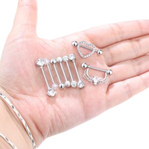 FINREZIO 8 Pairs 14G Nipple Rings 316L Surgical Steel Heart CZ Tongue Barbell Body Piercing Shield Ring Set 5/8 Inches(Silver tone)