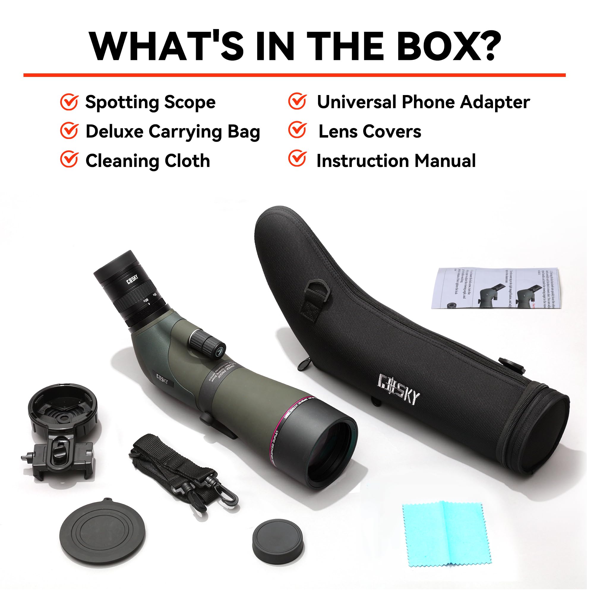 Gosky HD 20-60x80 Dual Focusing Spotting Scope - Waterproof HD Optics Zoom Scope with with Carrying Case and Smartphone Adapter for Hunting Bird Watching Target Shooting Astronomy Scenery-Gray