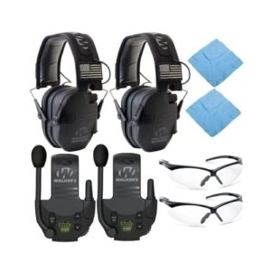 walker's razor slim electronic muff (black patriot version, 2-pack) bundle with walkie-talkie attachments (2-pack), shooting glasses (2-pack) and microfiber cleaning cloths (2-pack) (8 items)