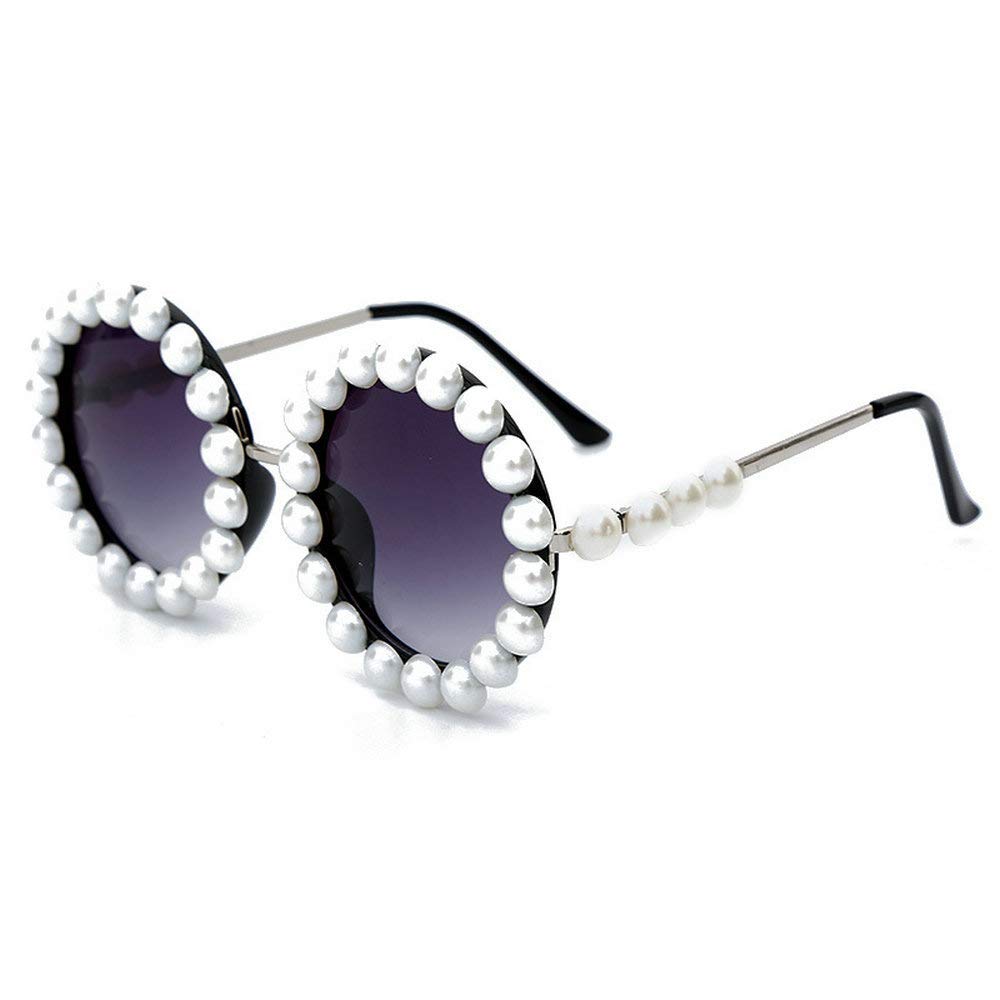 mincl/Vintage Round Pearl Sunglasses Women Luxury Alloy Oversized Frame Party Glasses Retro Shades (black)