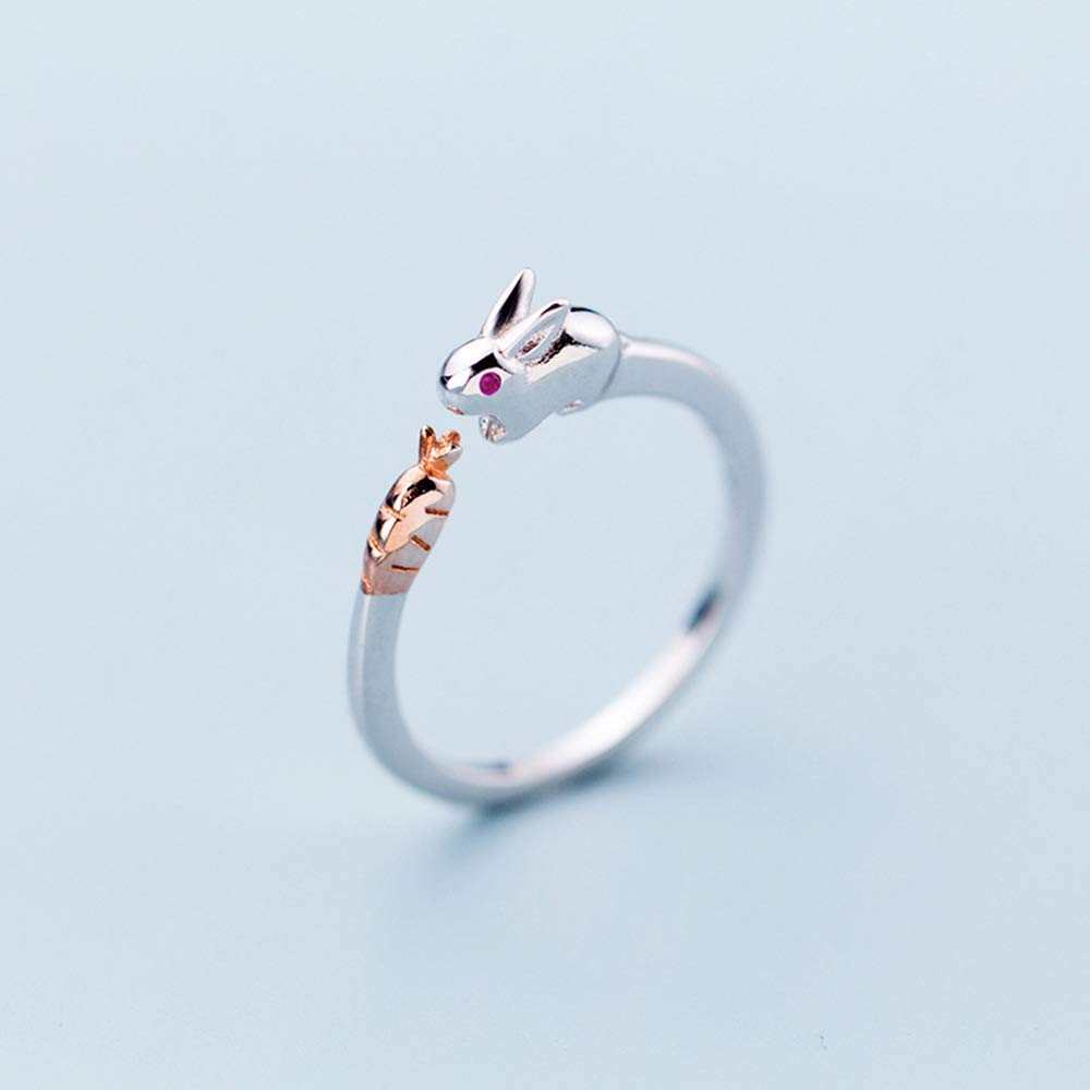 Cute Rabbit Sterling Silver Statement Rings for Women Adjustable Open Animal Stacking Eternity Ring Finger Engagement Wedding Band Jewelry