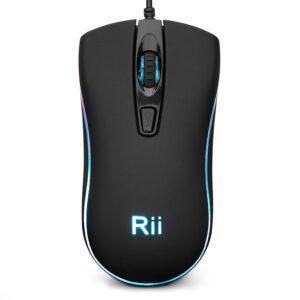 rii rm105 wired mouse,computer mouse with colorful rgb backlight,comfortable grip ergonomic optical,usb wired mice support windows pc, laptop,desktop,notebook,chromebook