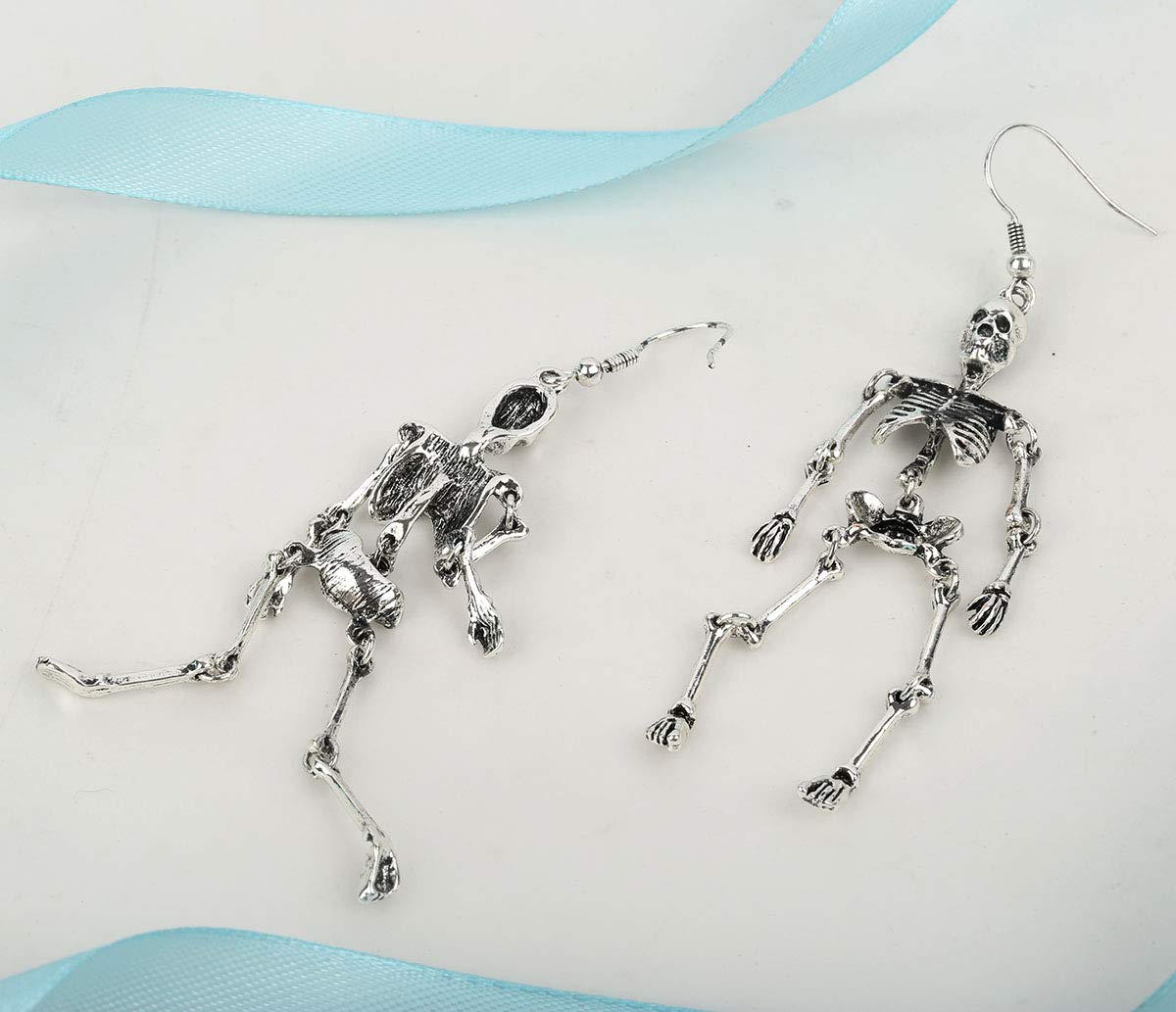 Szxc Women's Jointed Skeleton Dangle Long Earrings - 3-1/2 Inch - Ultra Light - Lead & Nickle Free - Halloween Costume Accessories (Silver)