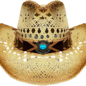 Western Outback Cowboy Hat Men's Women's Style Straw Felt Canvas (Western Blue Bead)