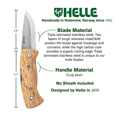 HELLE Knives - Kletten - Foldable Knife W/Clip - Birch Wood Handle - H3LS Stainless Steel - Made in Norway