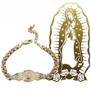 our lady of guadalupe tri color gold plated bracelet with a vinyl sticker for your car, window or any smooth surface. pulsera de la virgen de guadalupe. chapa de oro. oro laminado. religious jewelry.