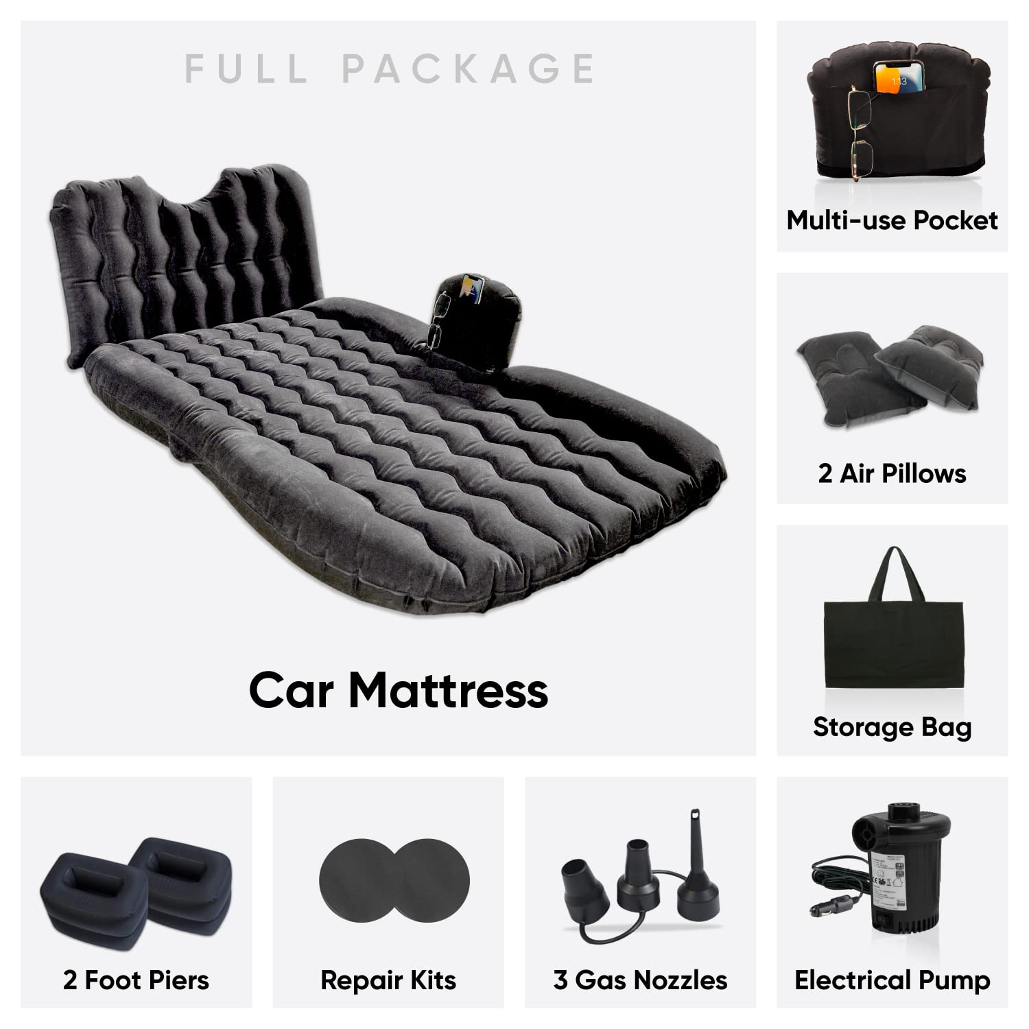 EPHESIAL Car Mattress - with Mobile Phone Pocket, Headboard, Pillows and Air Pump (Portable) - Car Air Mattress - Backseat Air Mattress for Car - Inflatable Bed for Car, SUV, Truck (Black)