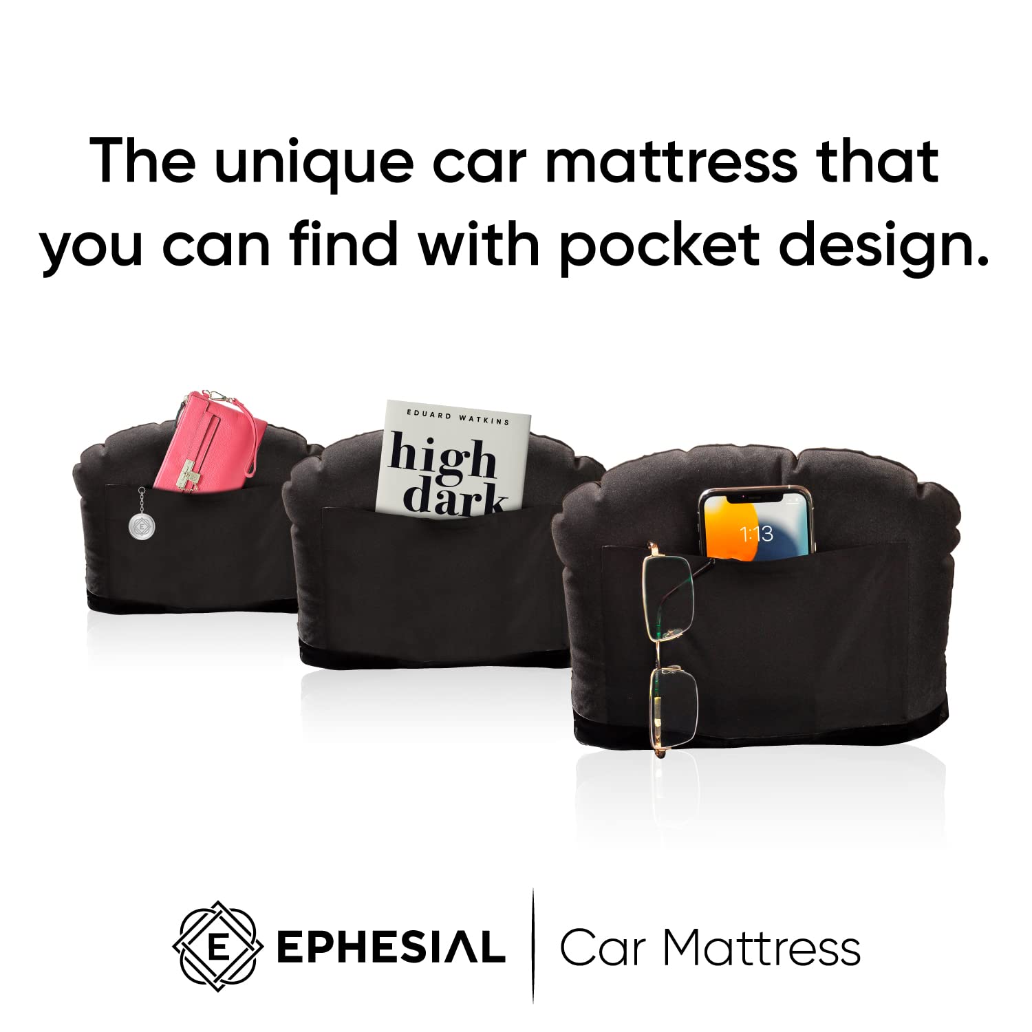 EPHESIAL Car Mattress - with Mobile Phone Pocket, Headboard, Pillows and Air Pump (Portable) - Car Air Mattress - Backseat Air Mattress for Car - Inflatable Bed for Car, SUV, Truck (Black)