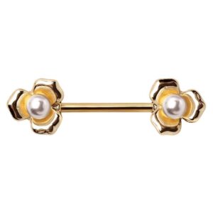 covet jewelry gold plated pearl accented flower nipple bar