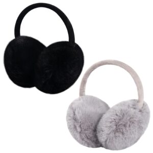 madholly 2 pack upgraded adjustable faux fur earmuffs- soft warm ear muffs for winter women men- ear covers ear warmers for most adults (black & gray)