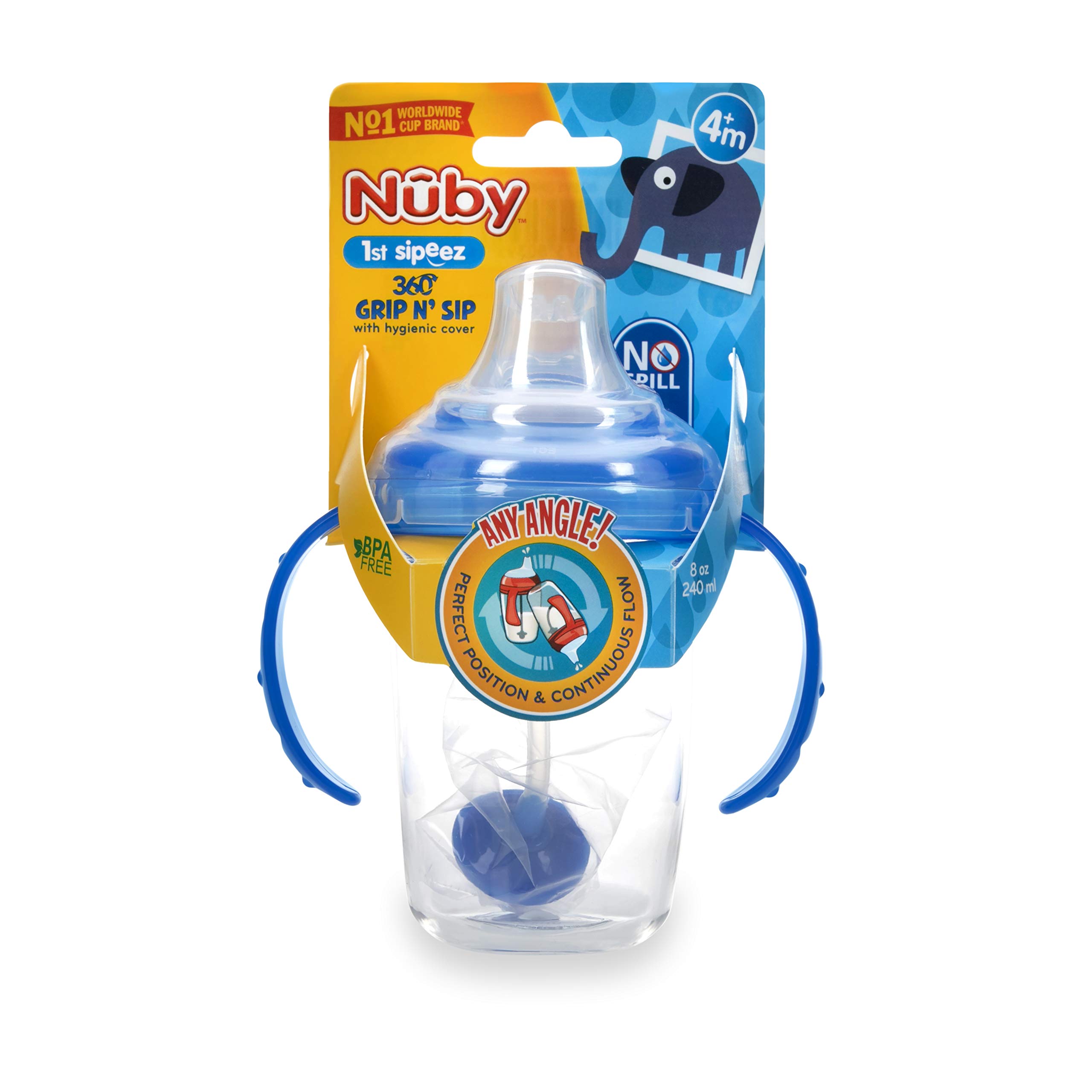 Nuby 360 Grip N' Sip 8oz Tritan Cup, Weighted Straw with Hygienic Cover, Blue