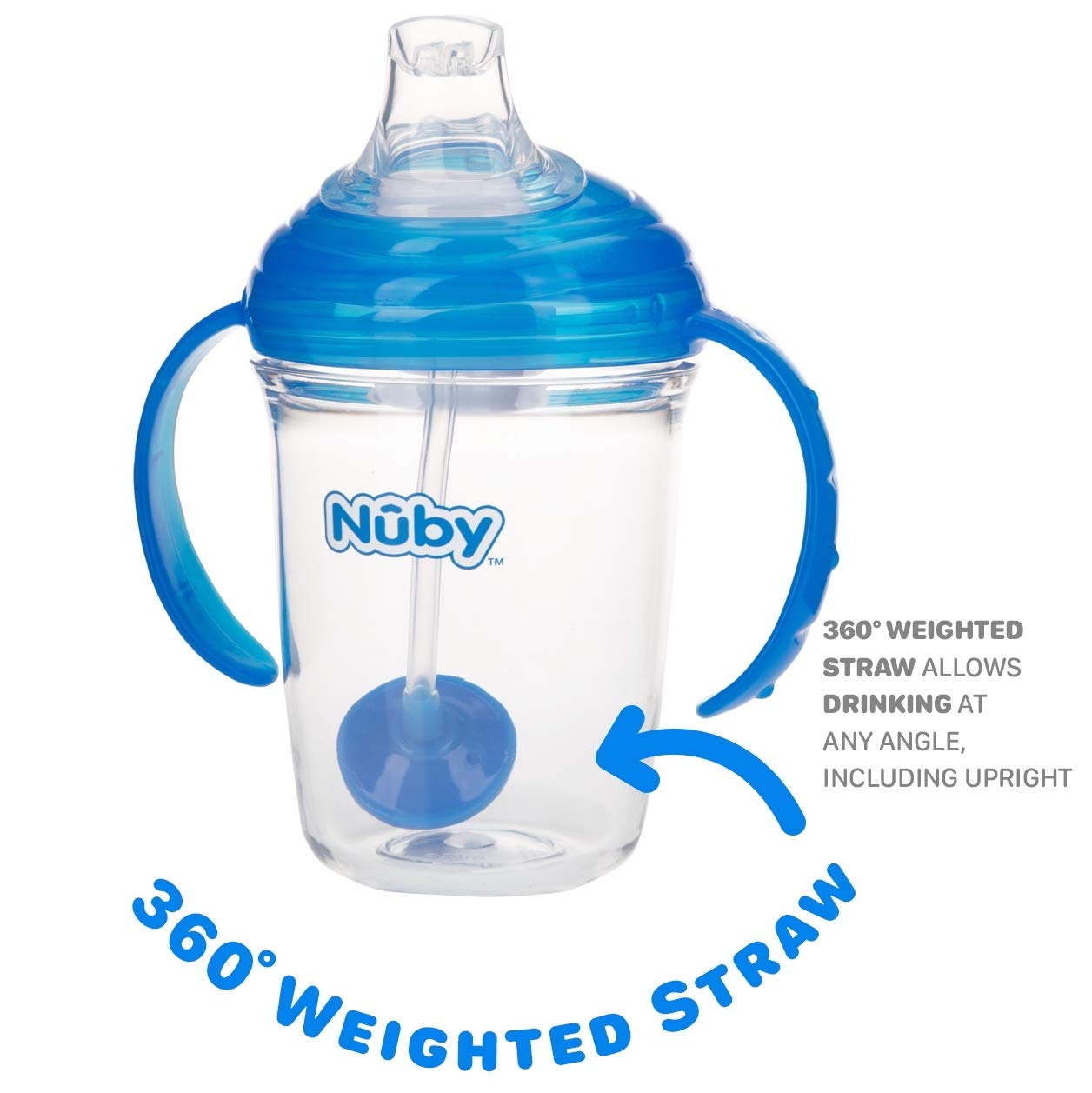 Nuby 360 Grip N' Sip 8oz Tritan Cup, Weighted Straw with Hygienic Cover, Blue